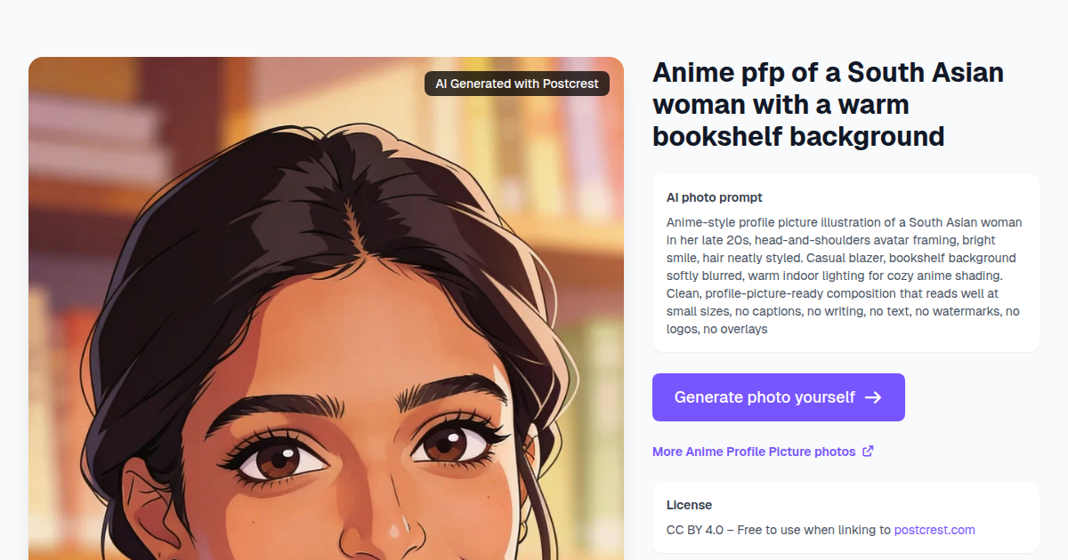 Anime pfp of a South Asian woman with a warm bookshelf ba...