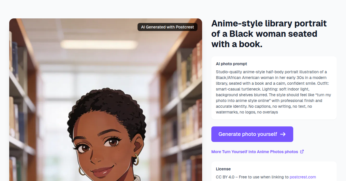 Anime-style library portrait of a Black woman seated with...