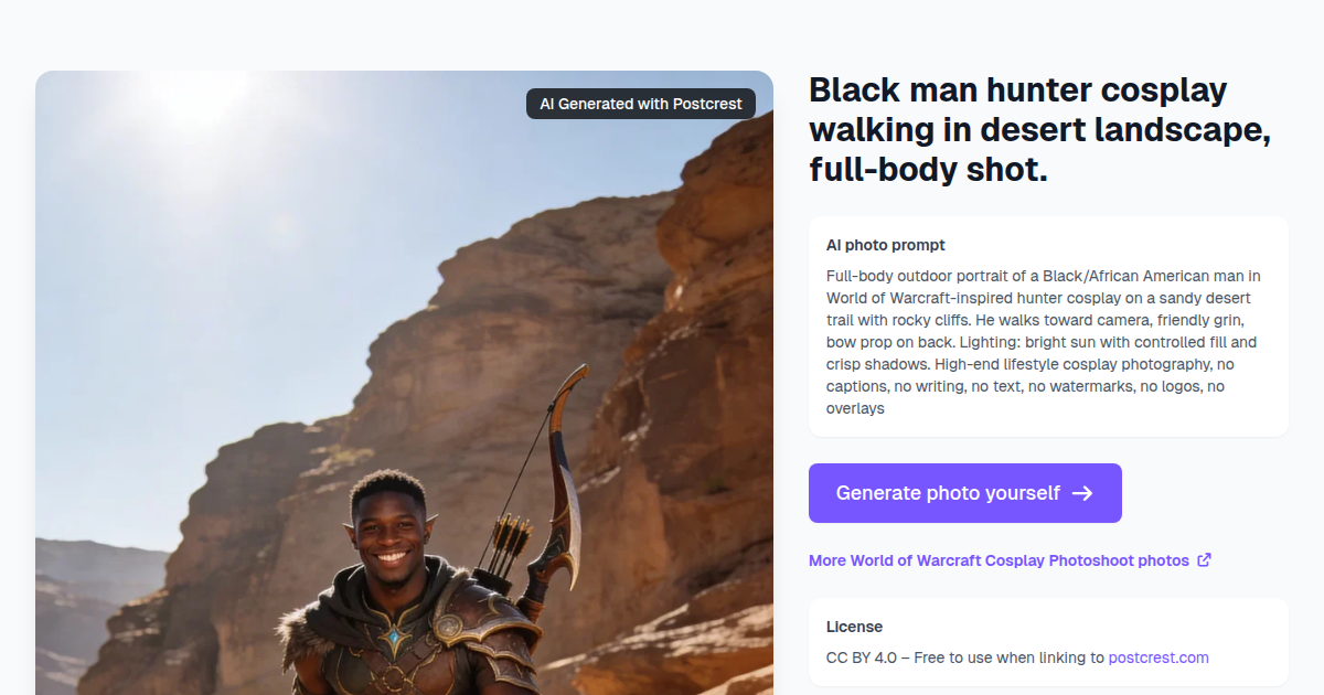 Black man hunter cosplay walking in desert landscape, ful...