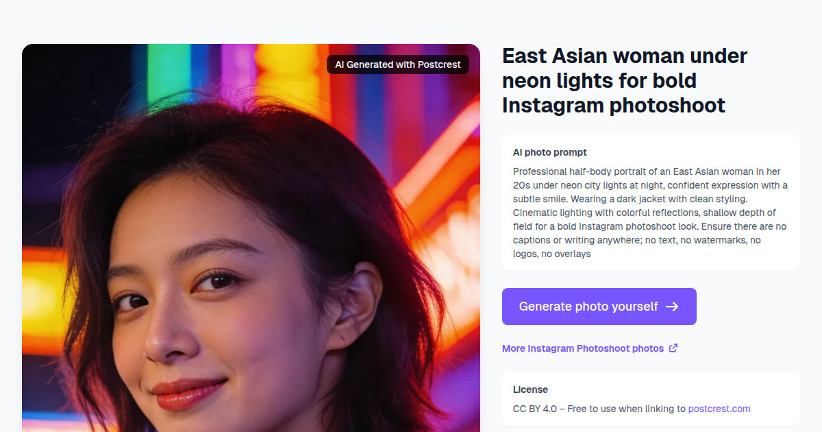 East Asian woman under neon lights for bold Instagram pho...