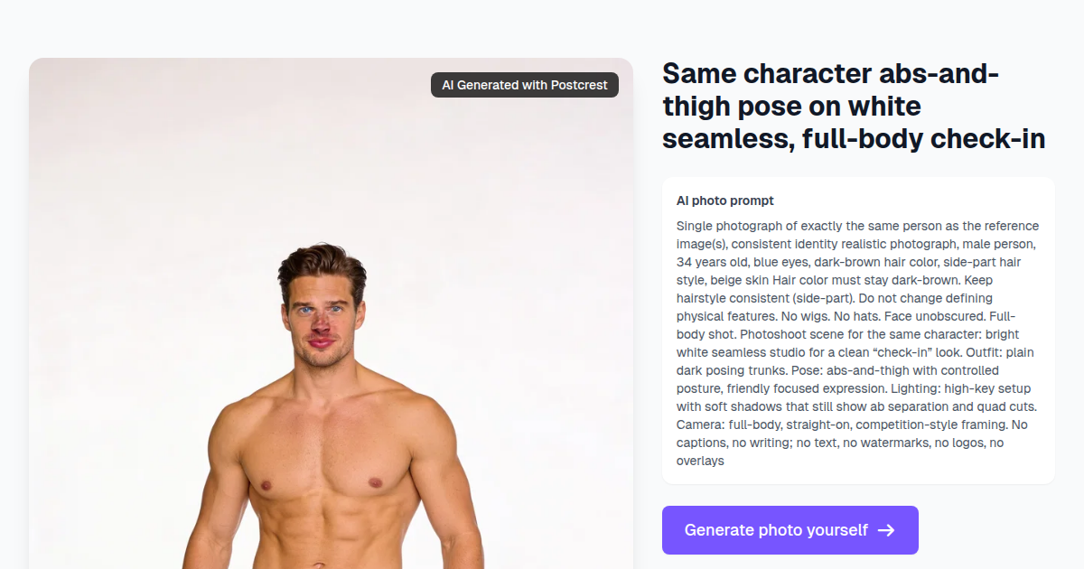 Same character abs-and-thigh pose on white seamless, full...