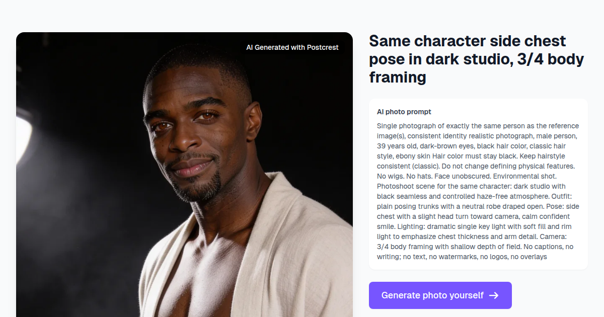 Same character side chest pose in dark studio, 3/4 body f...