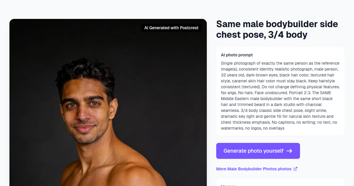 Same male bodybuilder side chest pose, 3/4 body