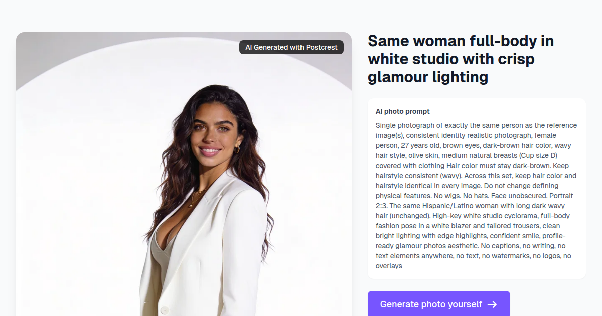 Same woman full-body in white studio with crisp glamour l...
