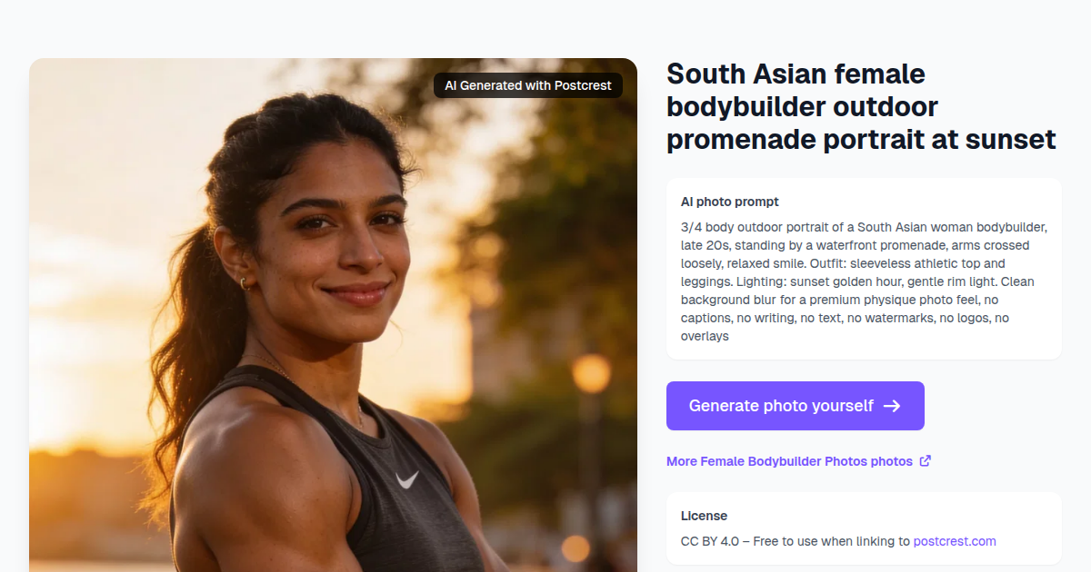 South Asian female bodybuilder outdoor promenade portrait...